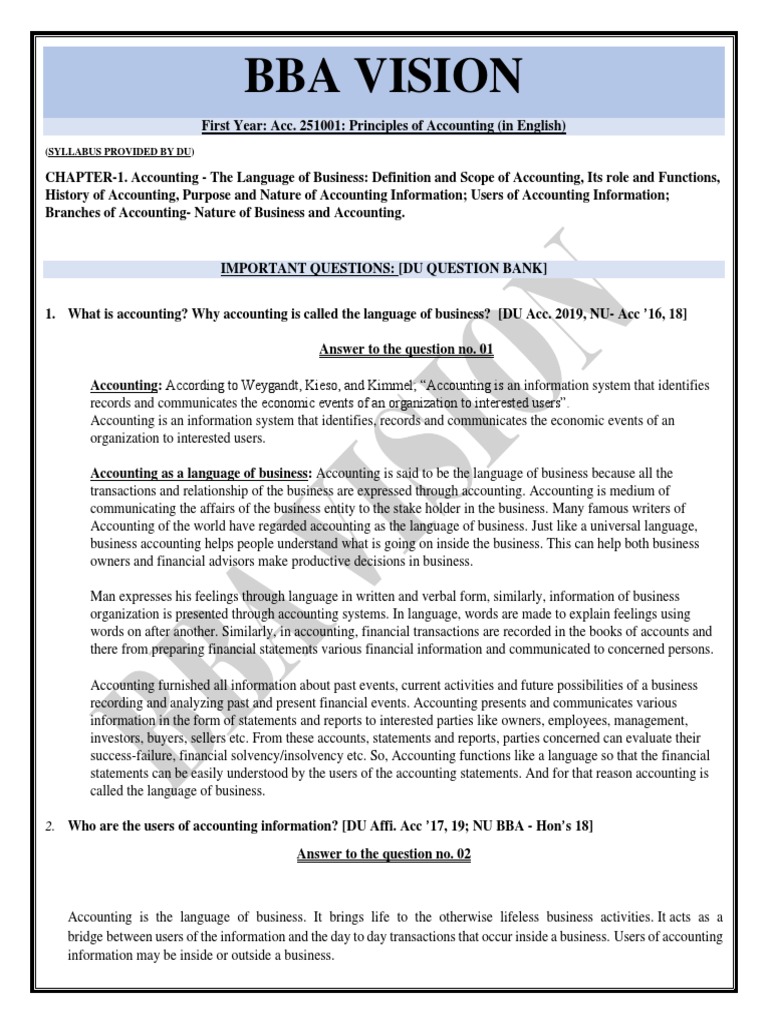 Principles of Accounting (Chapter-01) Lecture Sheet BBA VISION | PDF ...
