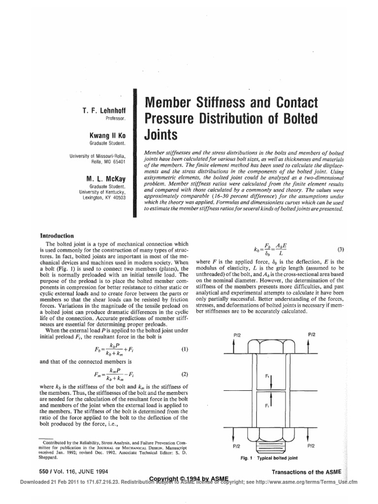 Member Stiffness and Contact Pressure Distribution of Bolted Joints ...