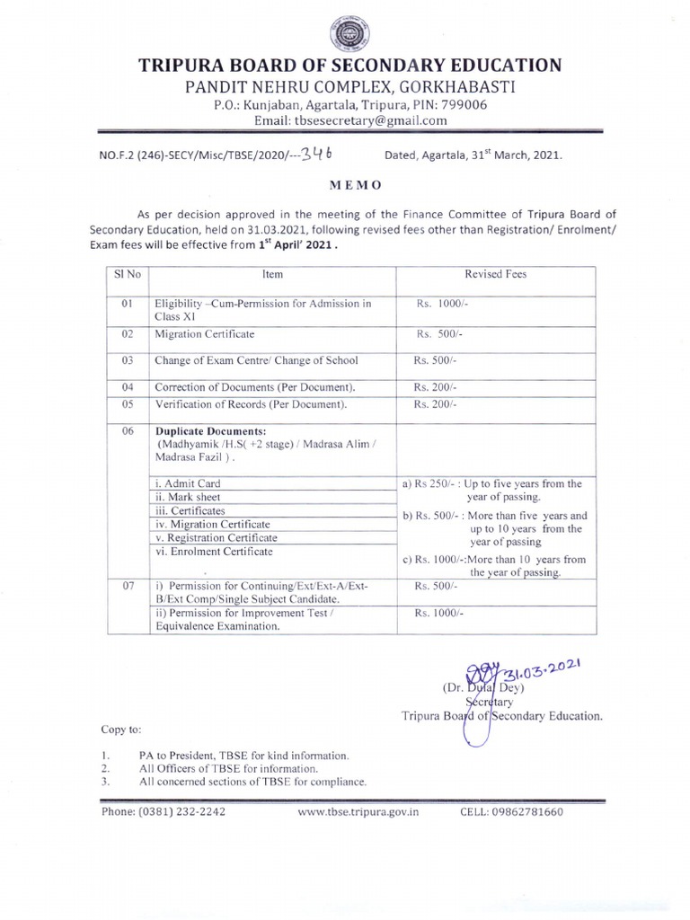 TBSE Revised Fee Structure With Effect From 1st April'2021 | PDF ...
