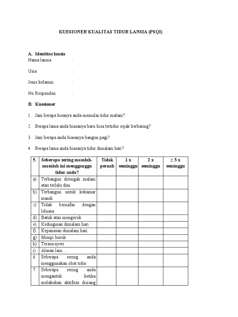 Kuesioner Kualitas Tidur Lansia | PDF | Pengembangan Diri