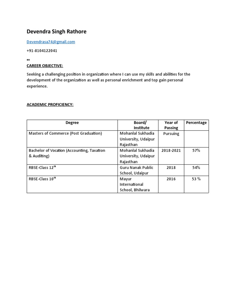 Devendra Singh Rathore CV | PDF | Accounting | Taxes