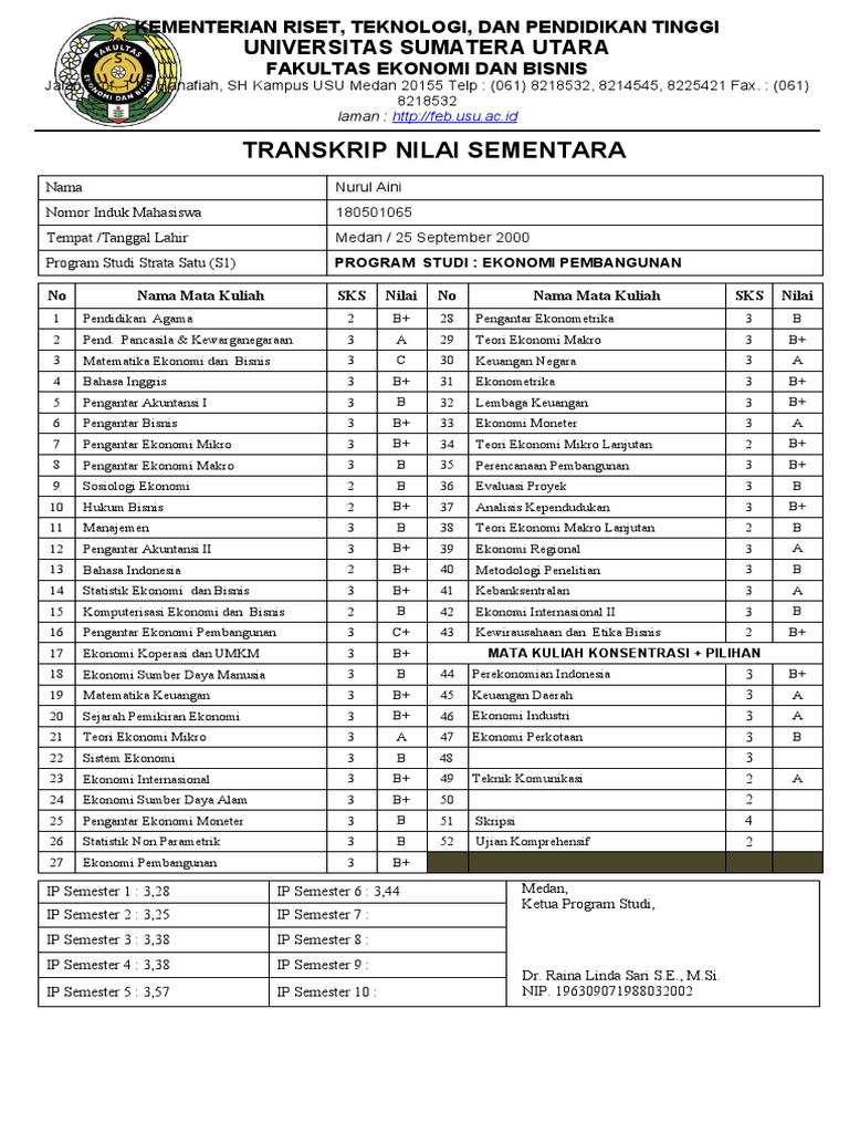 Form - Kosong - Transkrip - Sementara Nurul Aini | PDF