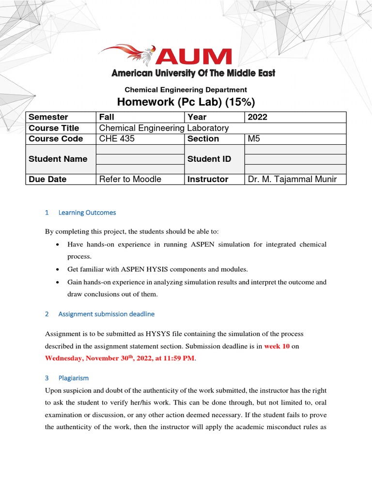CHE435 - Fall2022 - Assignment Statement - M5 | PDF | Pump | Heat Exchanger