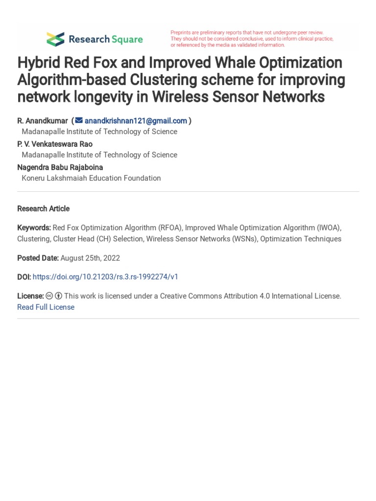 Hybrid Red Fox And Improved Whale Optimization Algorithm Based Clustering Scheme For Improving