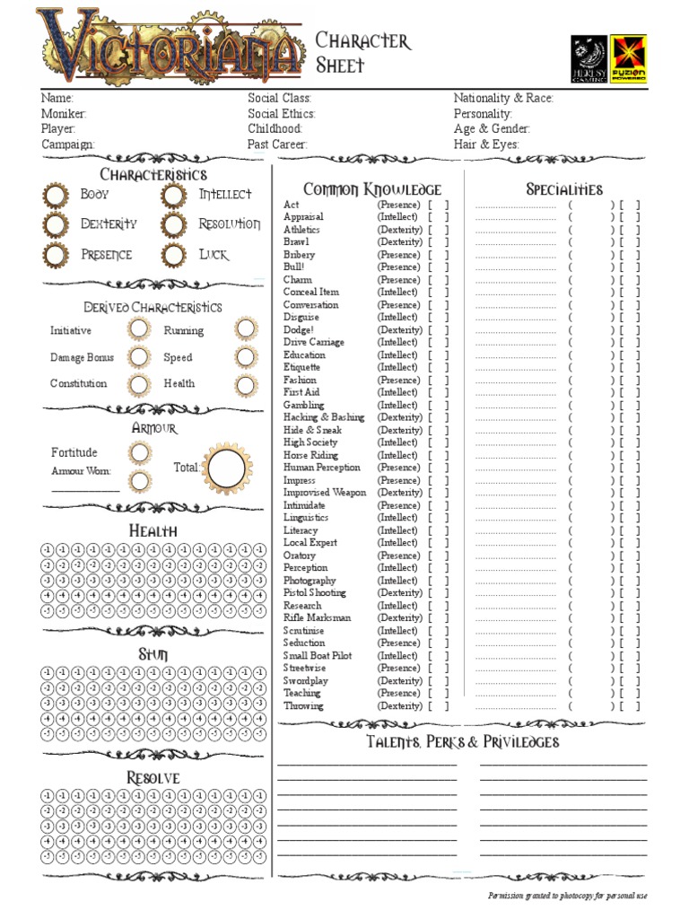 Victoriana 1st Edition Character Sheet | PDF