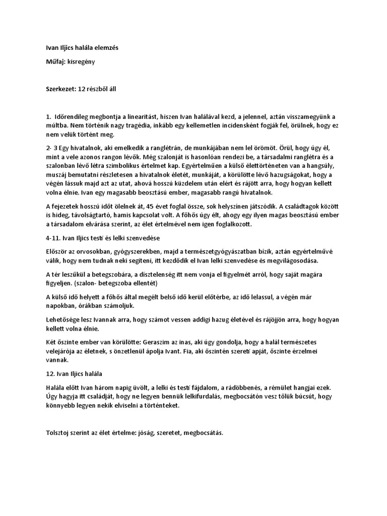 Ivan Iljics Halála Elemzés | PDF