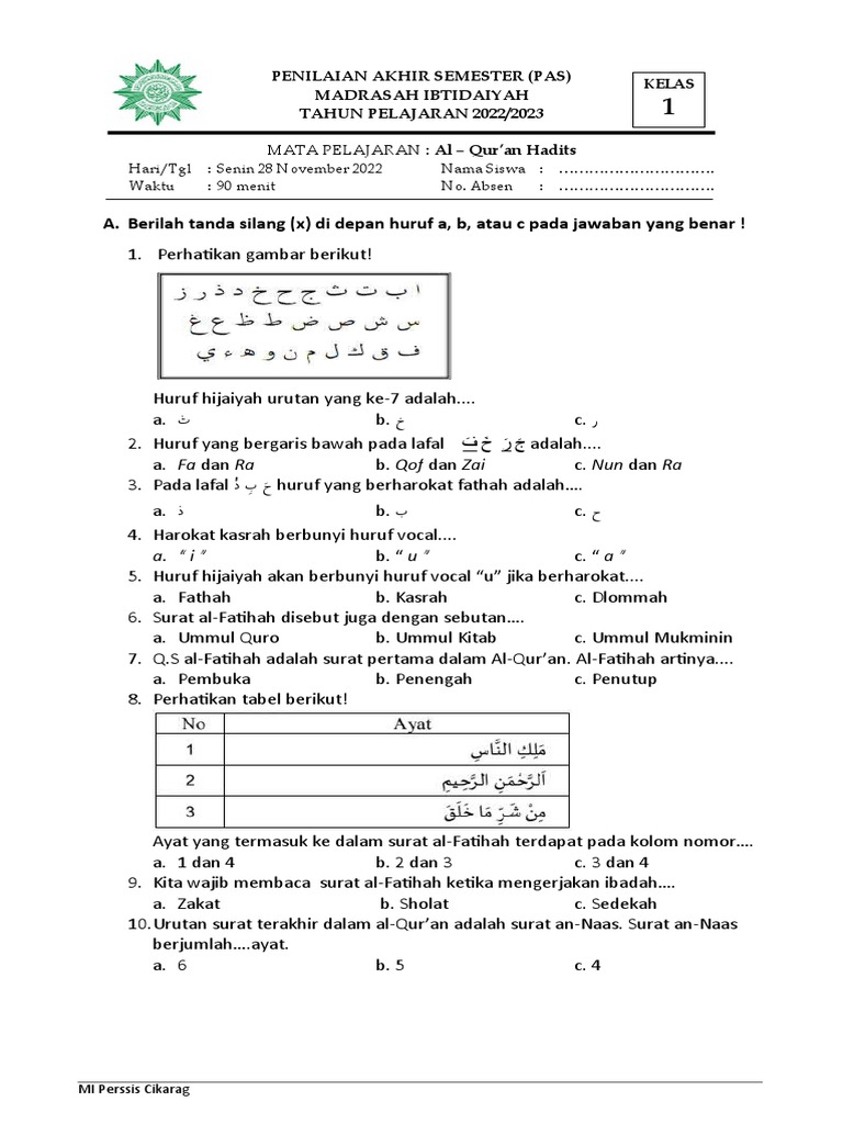 Naskah Soal Pas Kelas 1 Qurdis | PDF