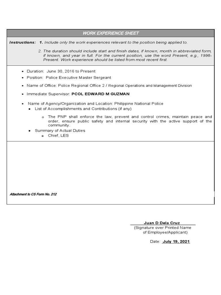 Work Experience Sheet for PNP Officers | PDF