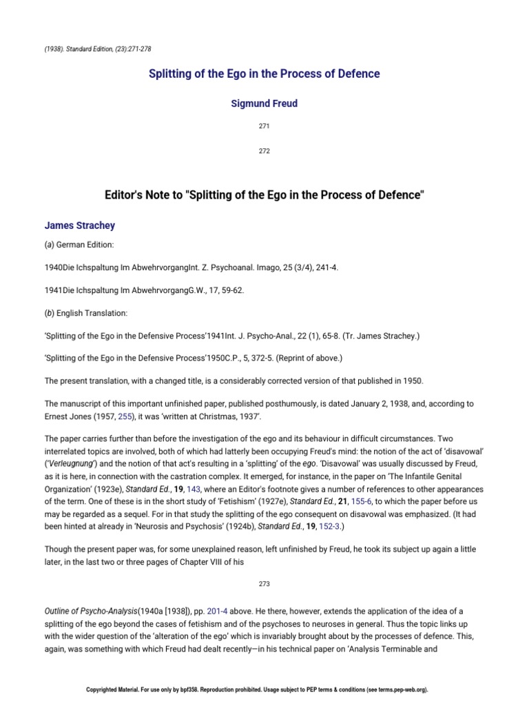 Freud - Splitting of The Ego in The Process of Defense | PDF | Id ...