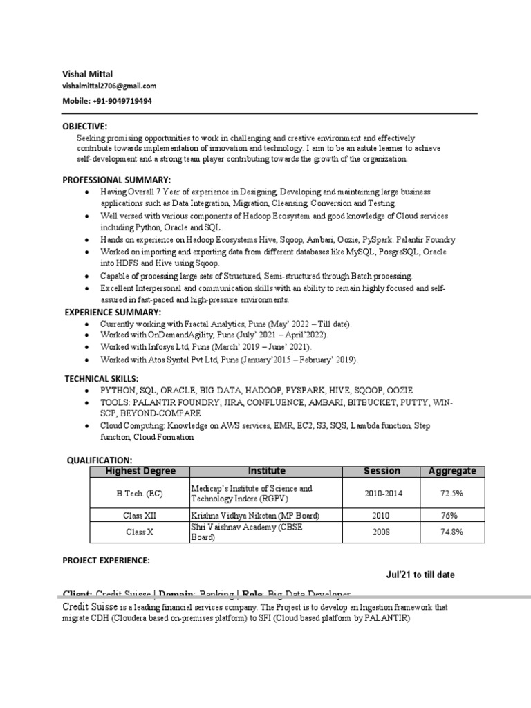 Vishal Mittal CV | PDF | Apache Spark | Cloud Computing