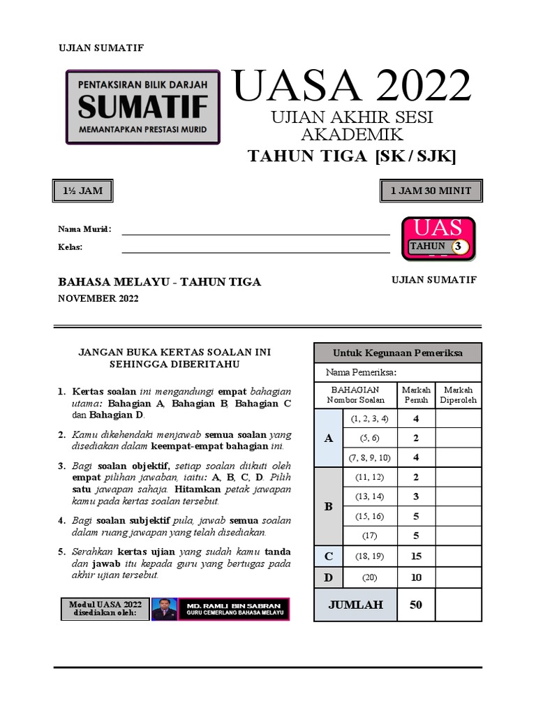 1 Set Modul PBD Sumatif Uasa 2022 - Bahasa Melayu Tahun 3 03 | PDF
