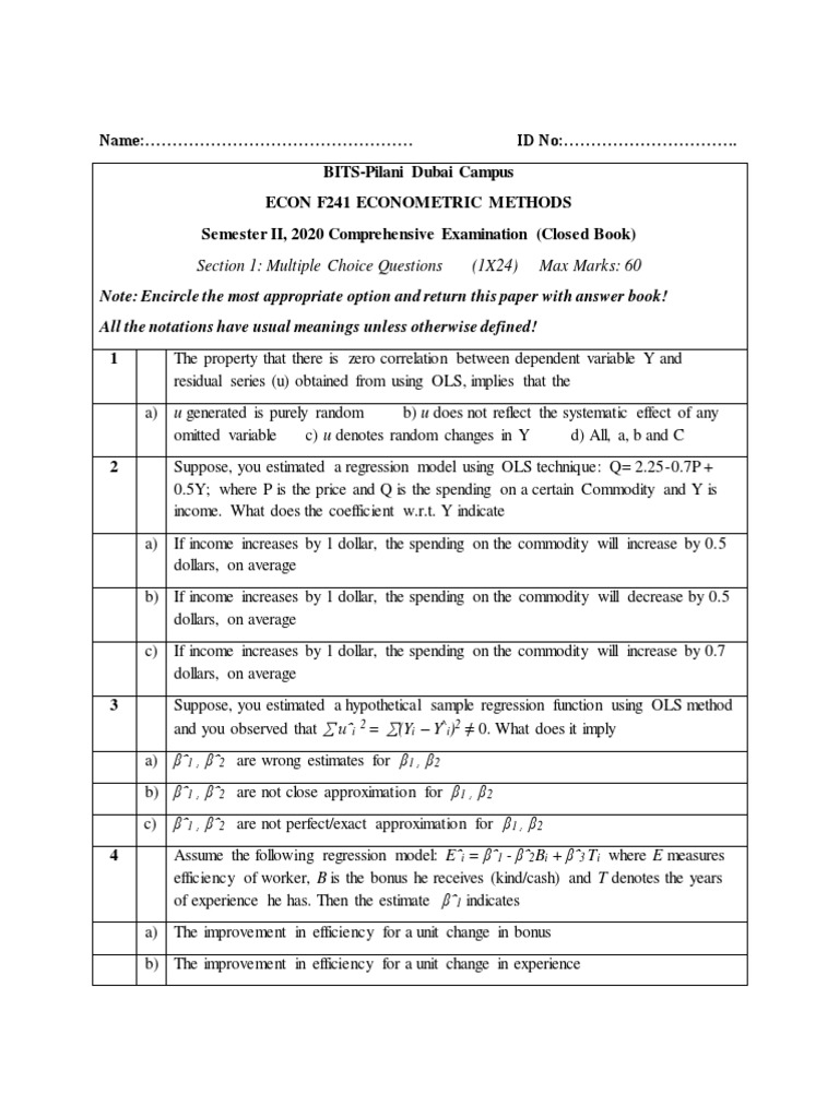 Econometrics Sample Paper | PDF | Regression Analysis | Ordinary Least Squares