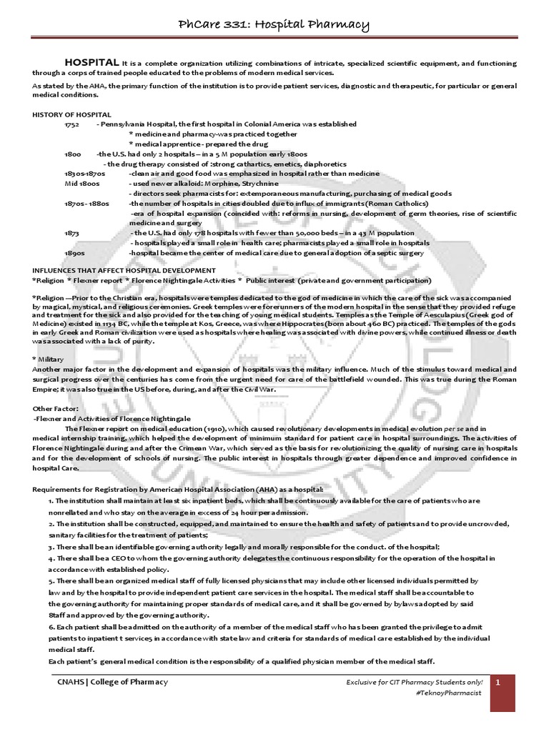 Hospital Pharmacy Notes Weeks 1 4 | PDF | Pharmacy | Hospital
