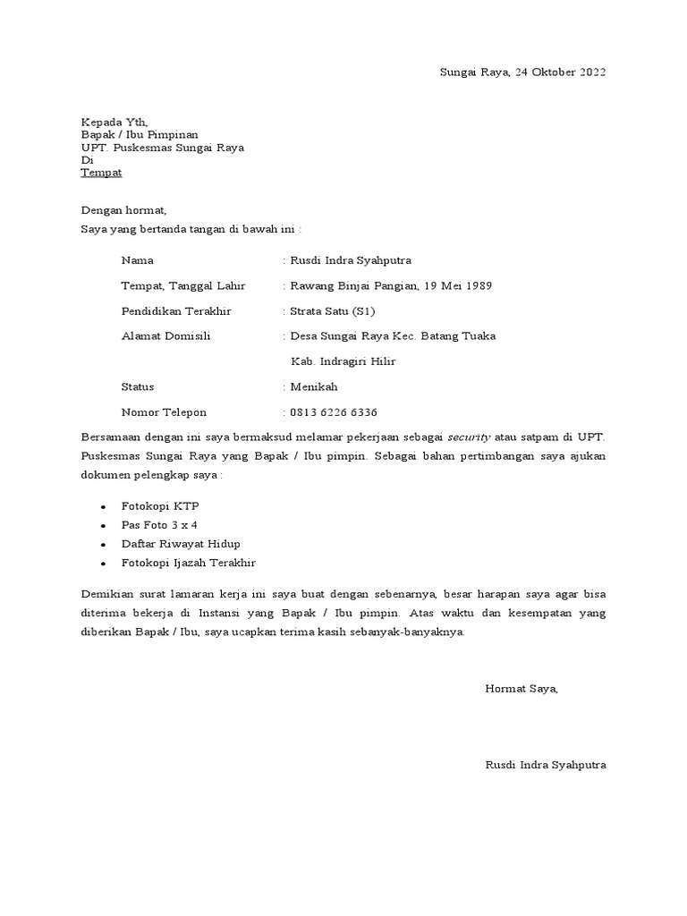 Surat Lamaran Kerja Security Dan CV | PDF