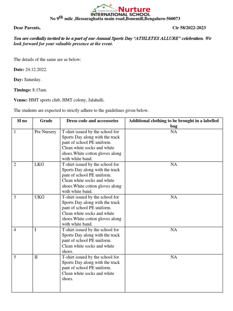 Pre Nursery To Grade 10 Sports Day Circular Circular 58 19.12.2022-1 | PDF | Sock | Softlines ...