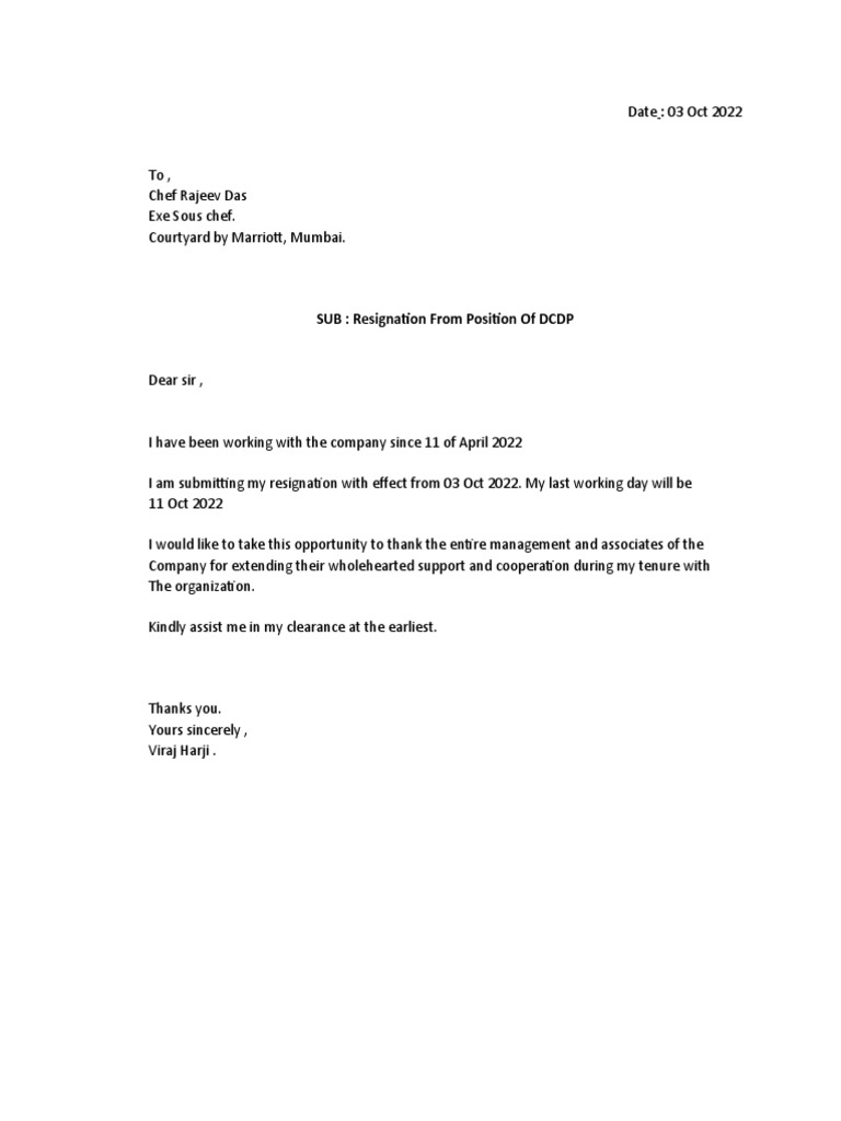SUB: Resignation From Position of DCDP | PDF