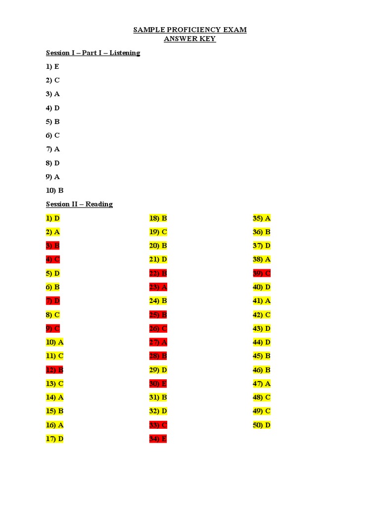 SAMPLE PROFICIENCY EXAM Answer Key | PDF