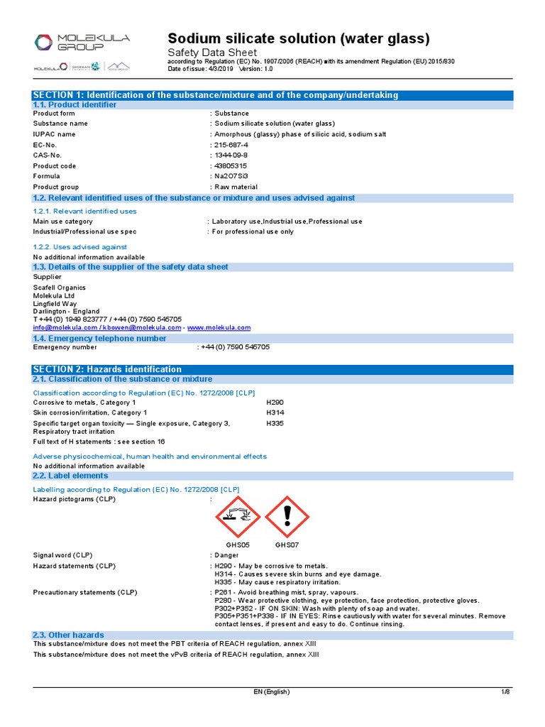 Safety Data Sheet - EN - (43805315) SODIUM SILICATE SOLUTION (WATER GLASS) (1344-09-8 ...