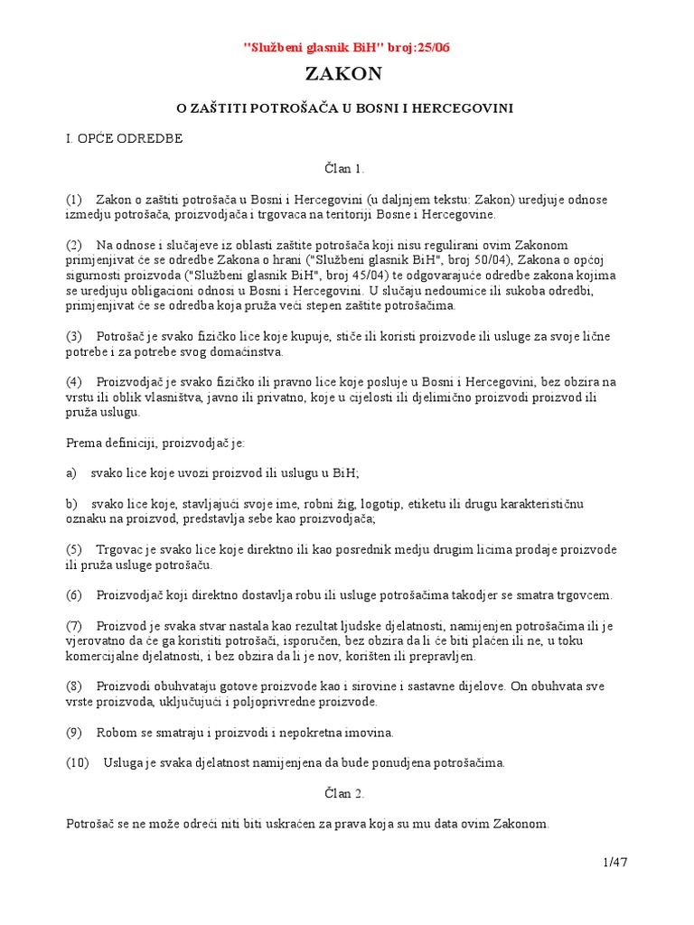 Zakon o Zastiti Potrosaca U BiH | PDF