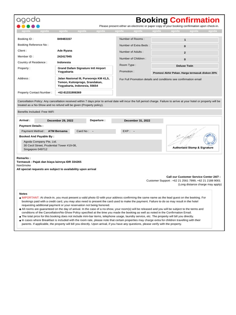 Agoda Booking Confirmation for Yogyakarta | PDF | Payments