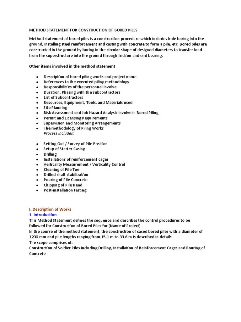 Method of Statement For Bored Piles | PDF | Deep Foundation | Casing (Borehole)