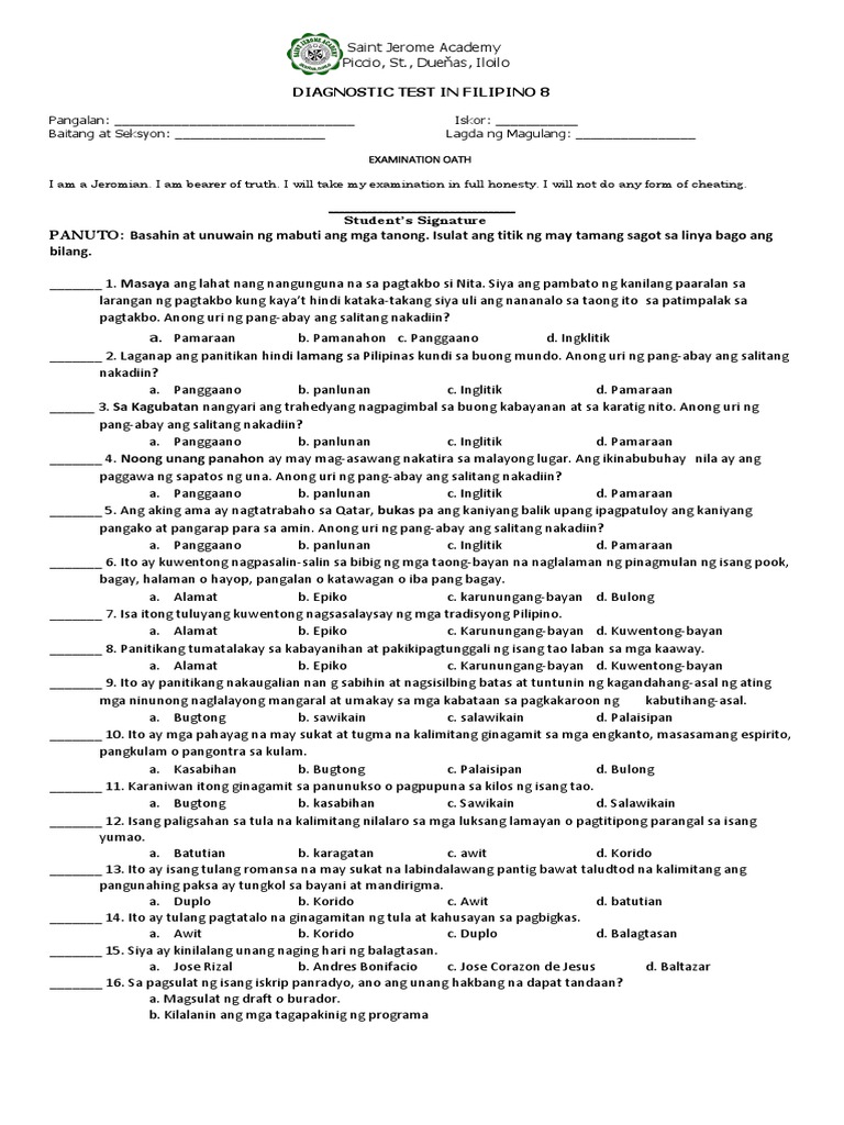 Diagnostic Test in Filipino 8 | PDF