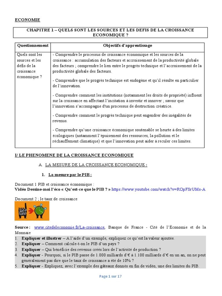 Documents Chapitre 1 Croissance Eco | PDF | Croissance économique | Changement technologique
