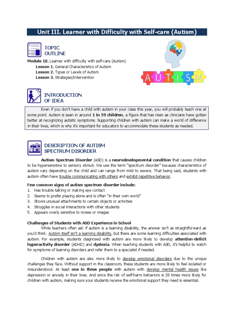 Unit III. Module 10. Learner With Difficulty With Self Care Autism 1 | PDF | Autism | Autism ...