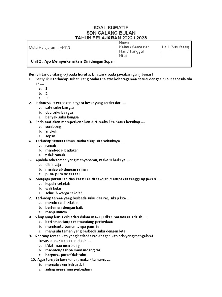 Soal Sumatif PPKN Jati Diri Dan Kebhenekaan Kelas 1 | PDF