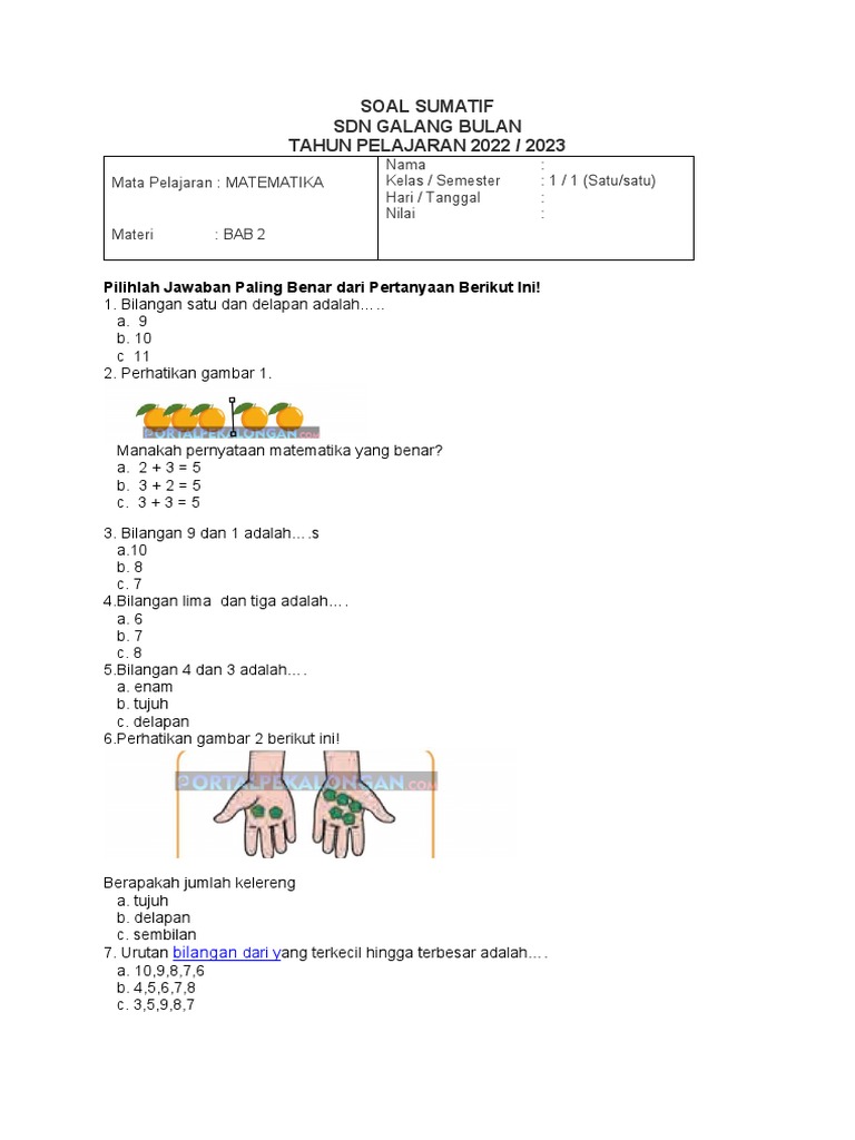 Soal Sumatif MTK Menguraikan Dan Menyusun Bilangan Kls 1 | PDF