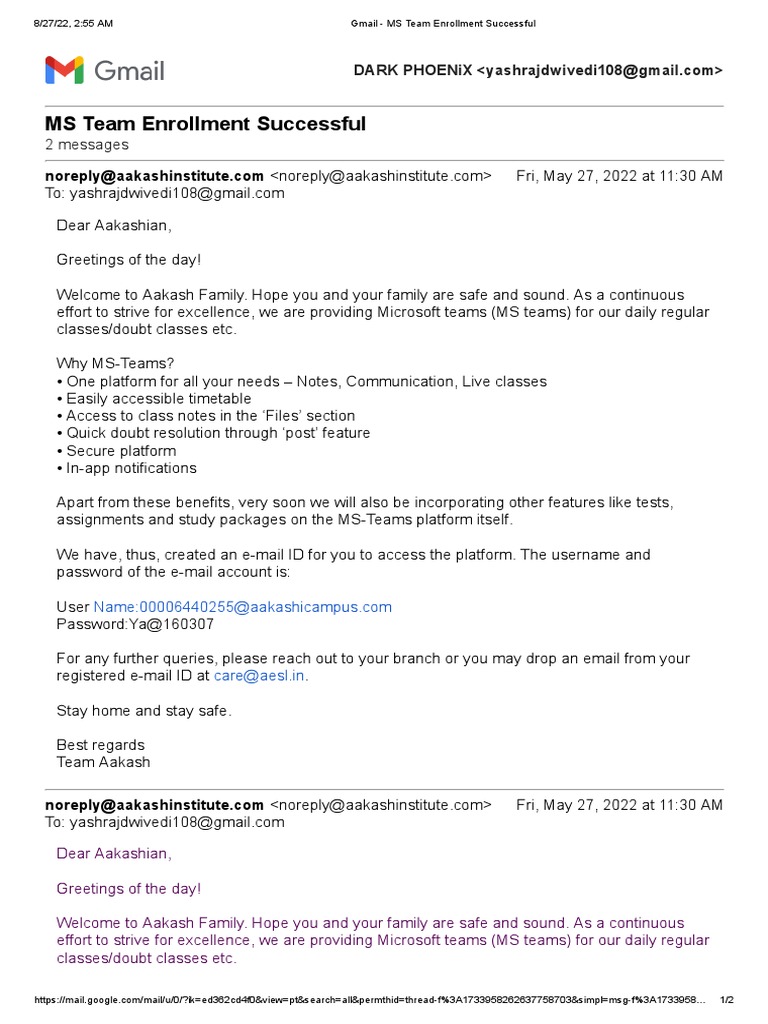 Gmail - MS Team Enrollment Successful | PDF | Gmail | Security