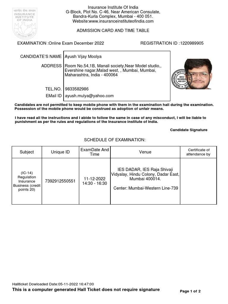 Insurance Institute Exam Hall Ticket | PDF | Identity Document | Access ...