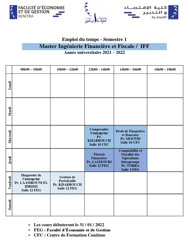 Emploi Du Temps Master IFF S.1 | PDF