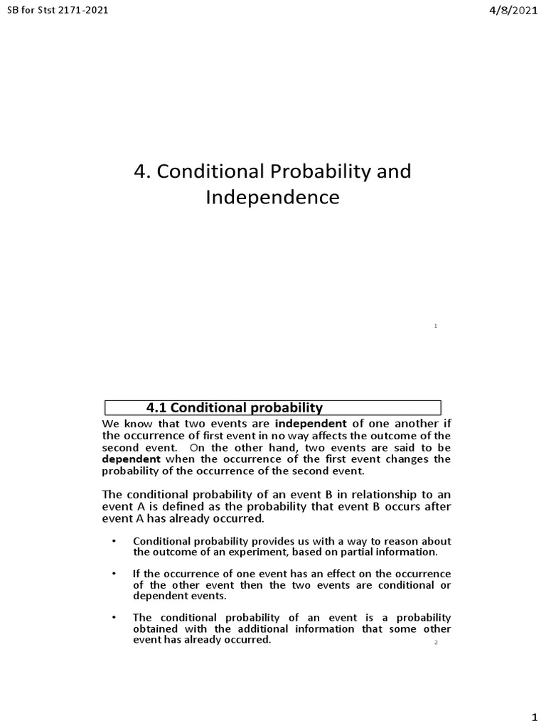 4 Conditional Probability and Independence-Std | PDF | Probability | Statistical Theory