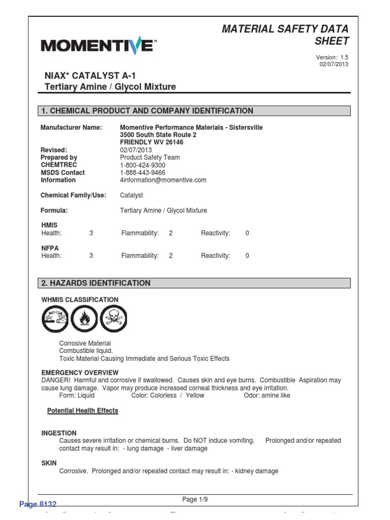 Niax Catalyst A 1 MSDS | PDF | Toxicity | Personal Protective Equipment