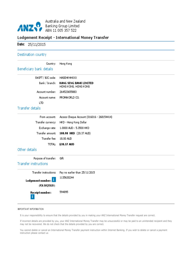 ANZ International Money Transfer Receipt | PDF
