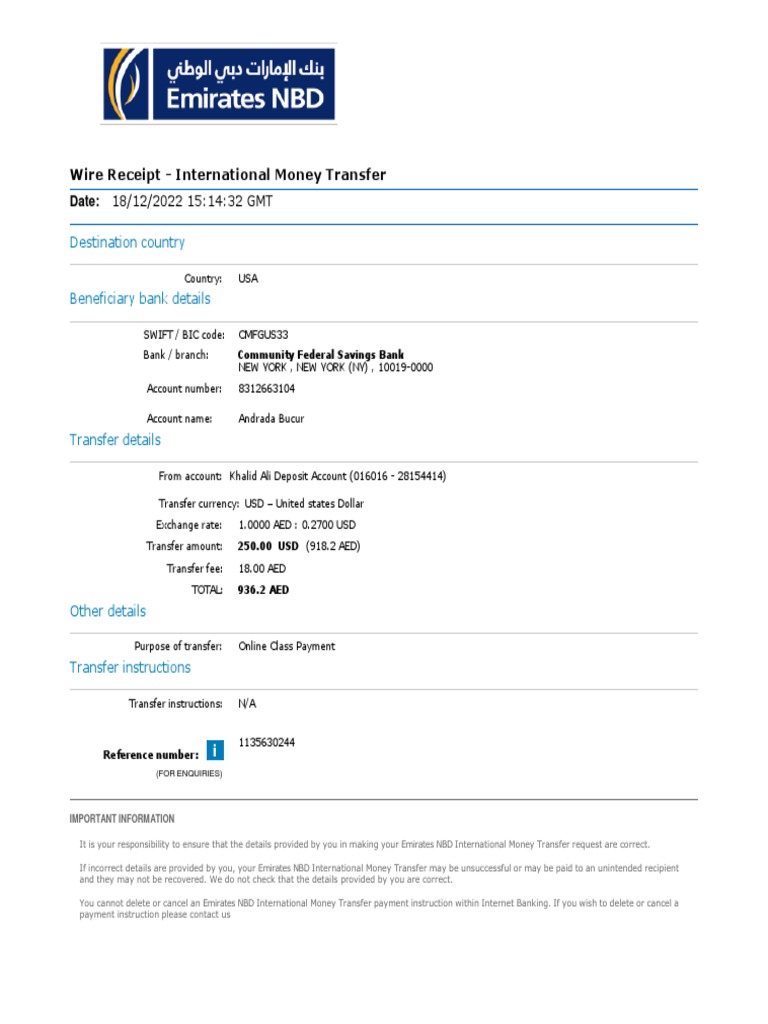 Emirates NBD International Transfer Receipt | PDF