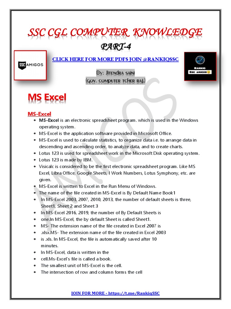 Computer Part-4 Ms-Excel Theory | PDF | Microsoft Excel | Spreadsheet