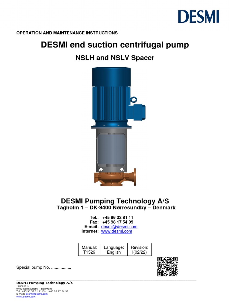 DESMI End Suction Centrifugal Pump: NSLH and NSLV Spacer | PDF | Pump ...
