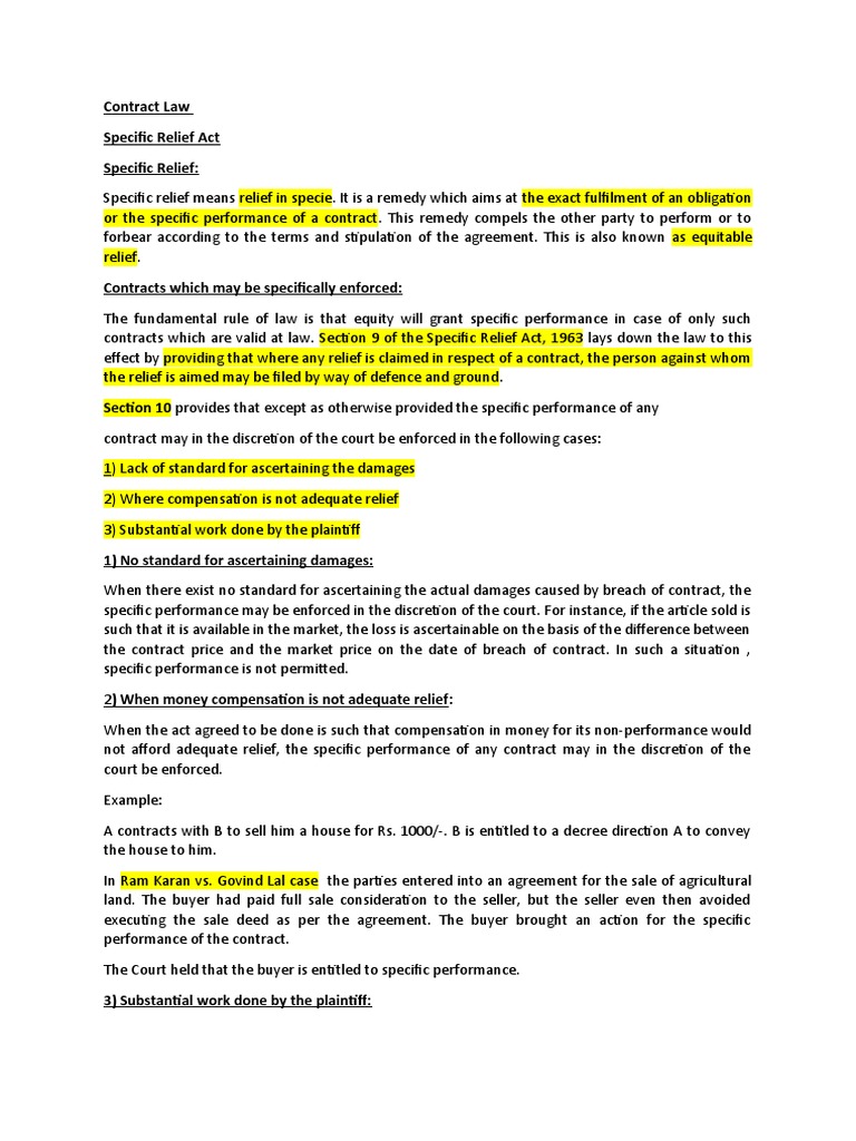 Specific Relief Act Overview | PDF | Injunction | Specific Performance