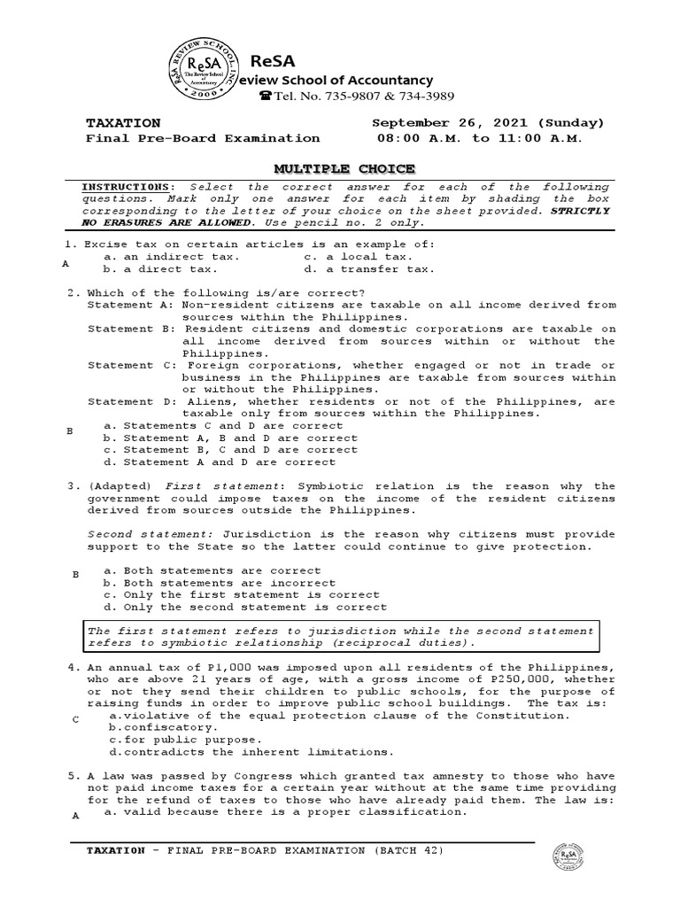 ReSA B42 TAX Final PB Exam Questions Answers Solutions PDF | Download ...