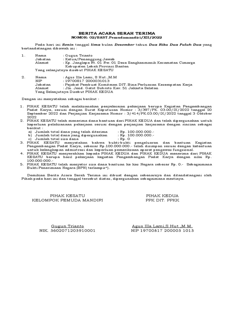 Berita Acara Serah Terima (BAST) 2022 | PDF