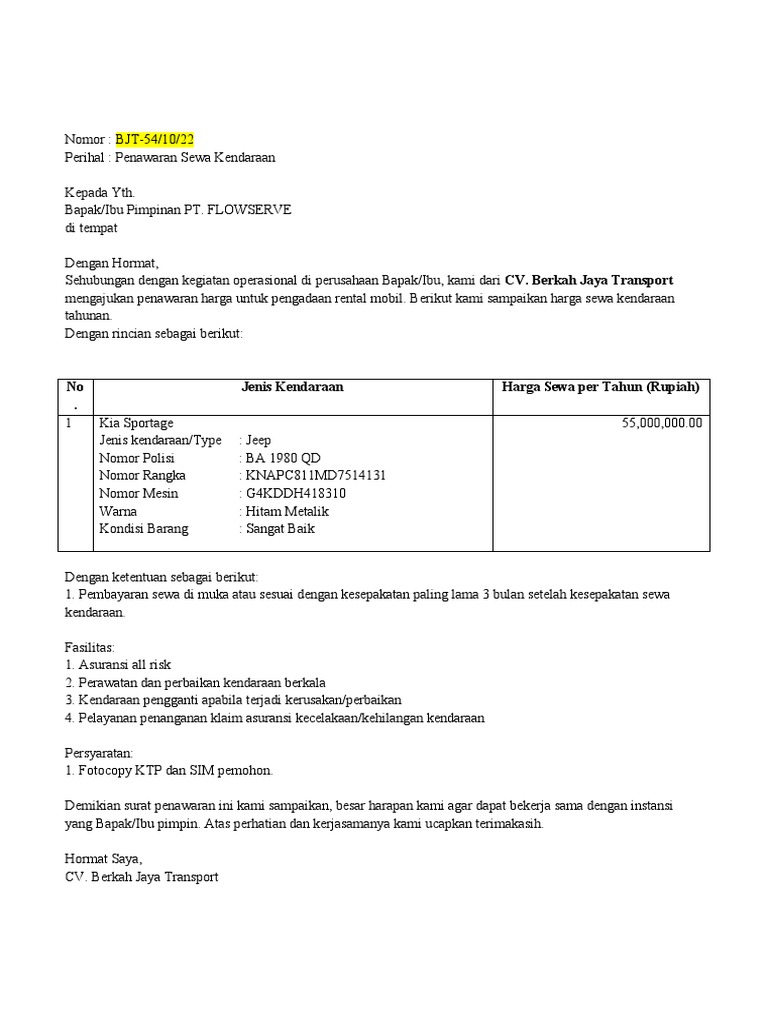 Penawaran Sewa Mobil CV. BJT | PDF