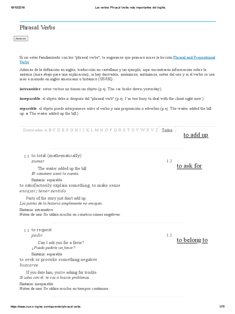 Los Verbos Phrasal Verbs Más Importantes Del Inglés | PDF | Gramática ...