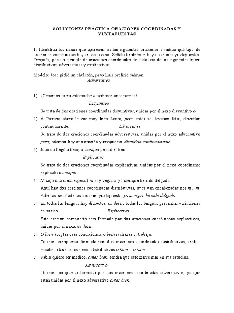 Soluciones Práctica Oraciones Coordinadas y Yuxtapuestas | PDF ...
