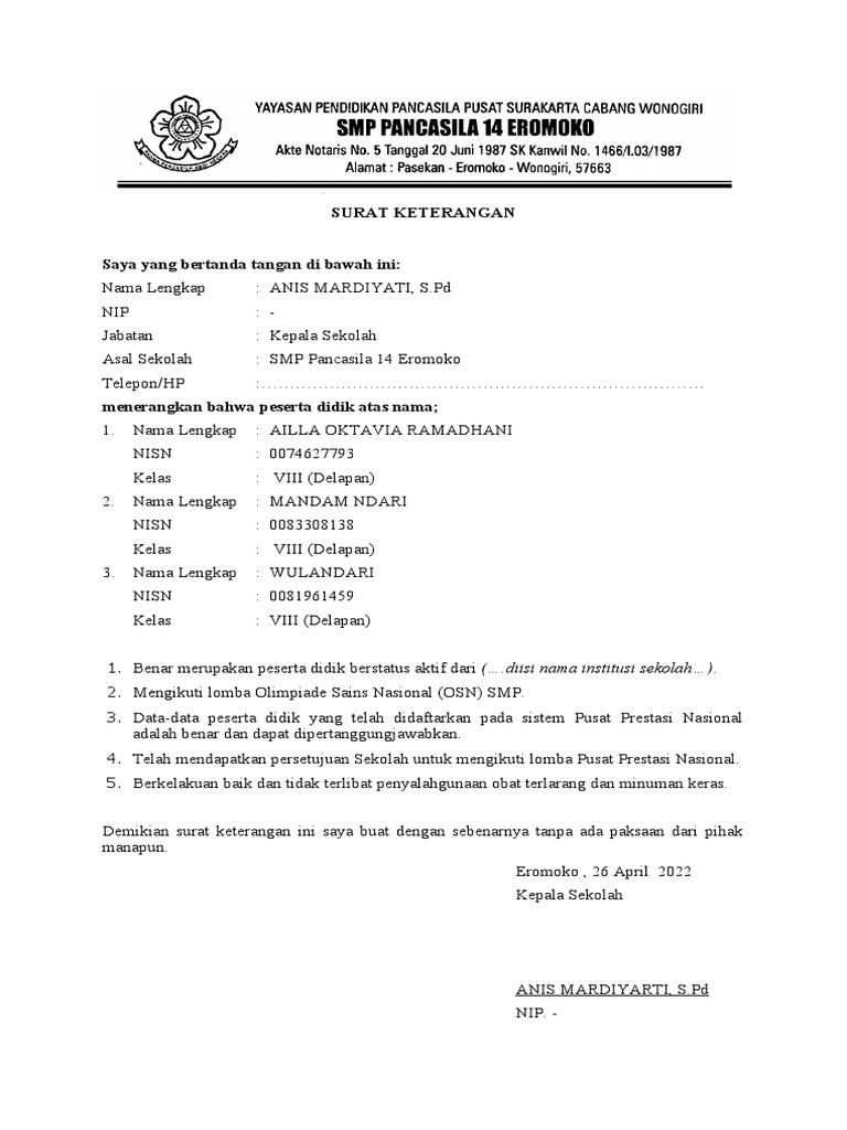 Surat Keterangan Sekolah Osn SMP | PDF