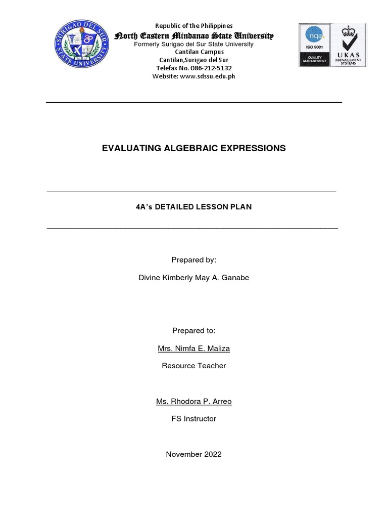 Lesson Plan Evaluating Algebraic Expression | PDF | Polynomial | Algebra Lesson Plan Evaluating Algebraic Expression | PDF | Polynomial | Algebra