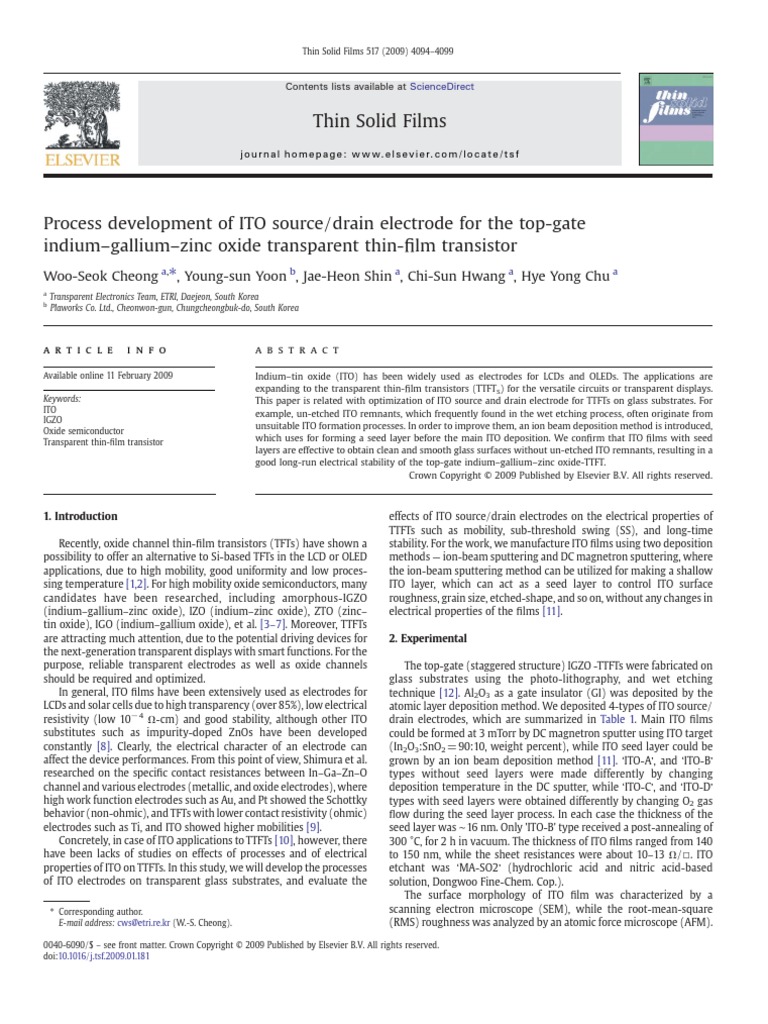 Thin Solid Films: Woo-Seok Cheong, Young-Sun Yoon, Jae-Heon Shin, Chi-Sun Hwang, Hye Yong Chu ...