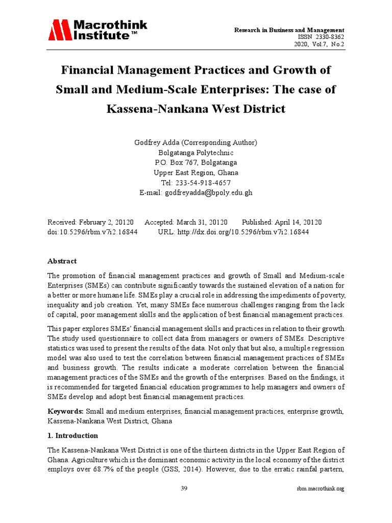 Financial Management Practices and Growth of Small | PDF | Errors And Residuals | Small And ...