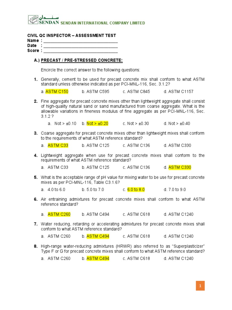 Civil QC Inspector Assessment Test | PDF | Concrete | Construction ...